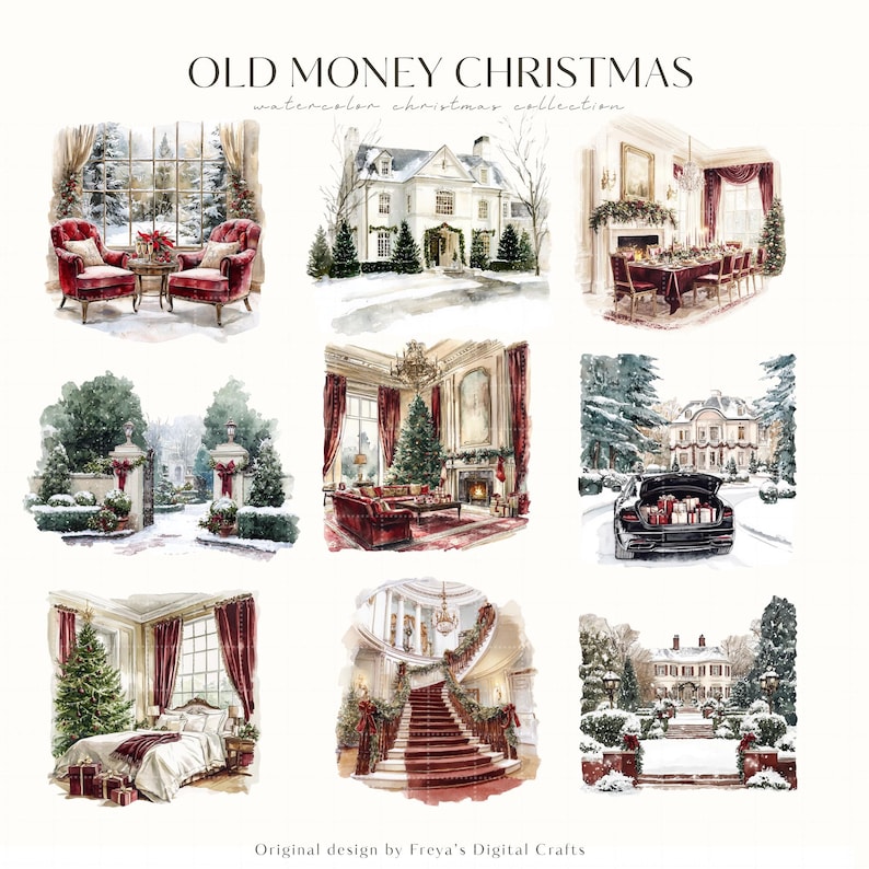 Watercolor Old Money Christmas Clipart, Elegant Classic Christmas PNG ...