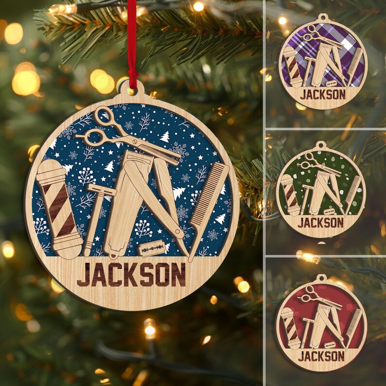 Personalized Barber Layered Wood Ornament, Custom Barber Christmas Tree ...