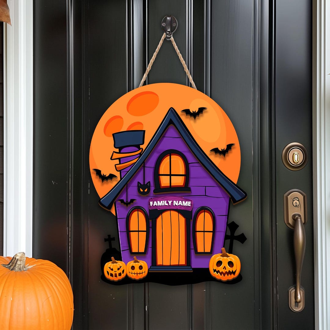 Personalized Halloween House Wood Sign, Custom Name Door Hanger ...