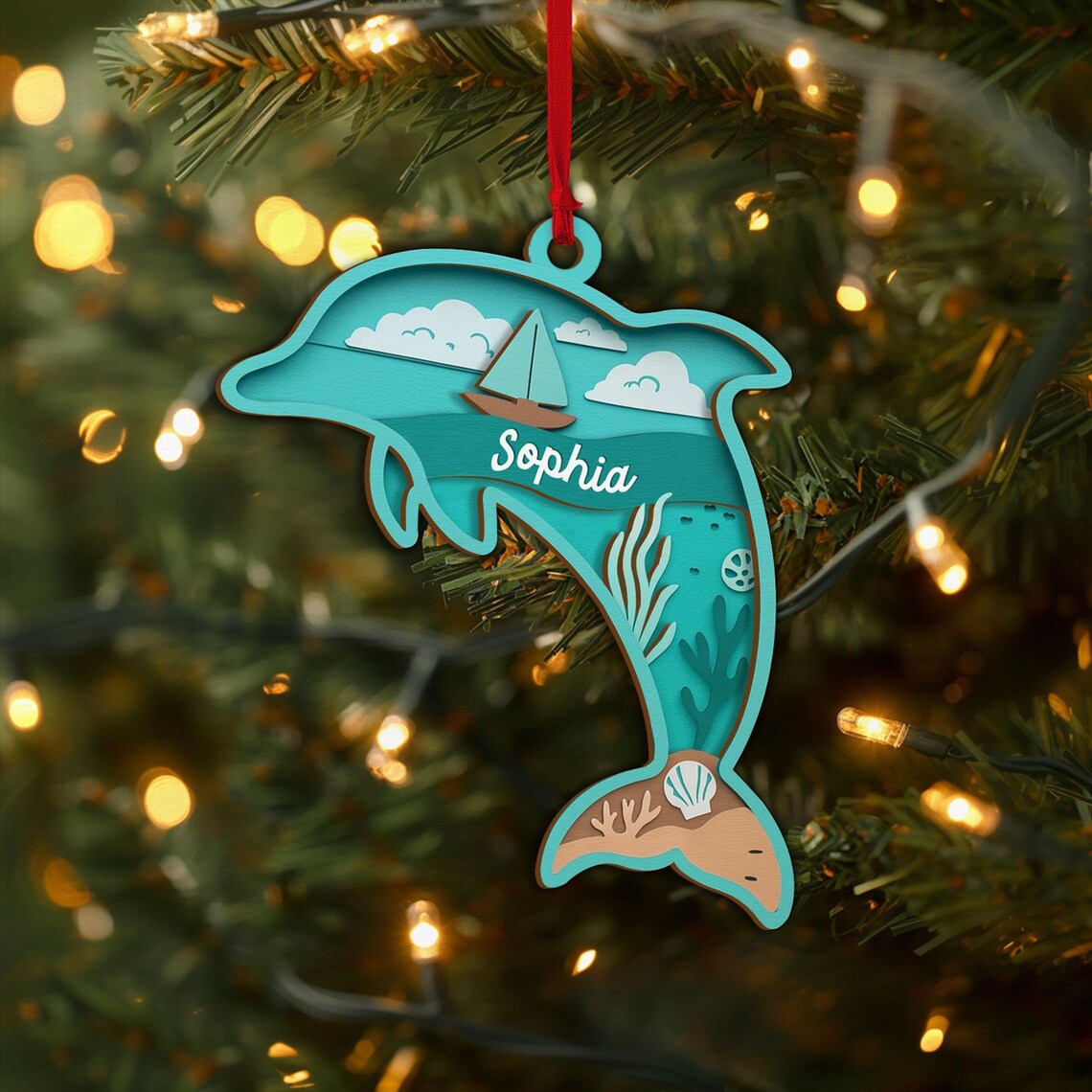 Personalized Dolphin Layered Wood Ornament, Custom Ocean Christmas Tree ...