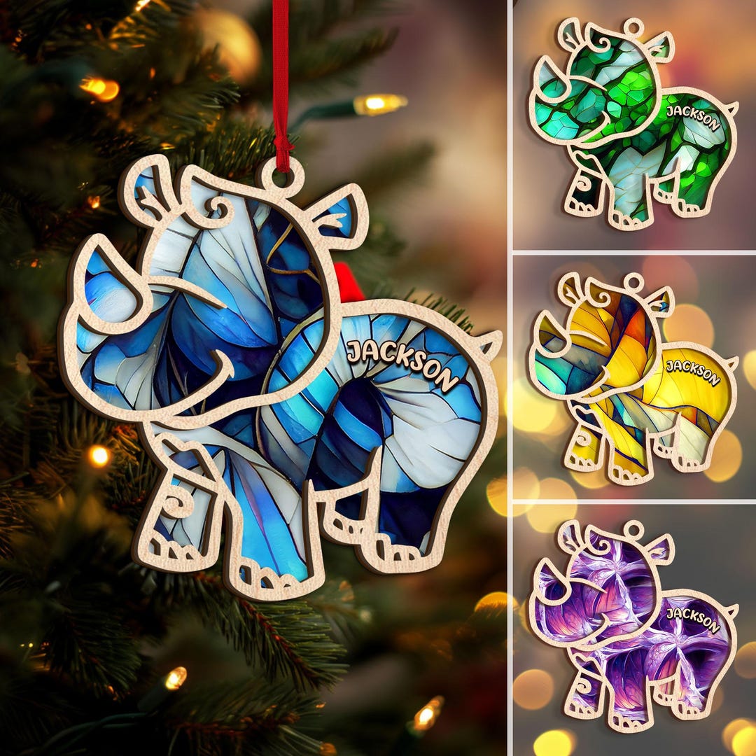 Personalized Rhinoceros Layered Wood Ornament, Custom Rhino Christmas ...