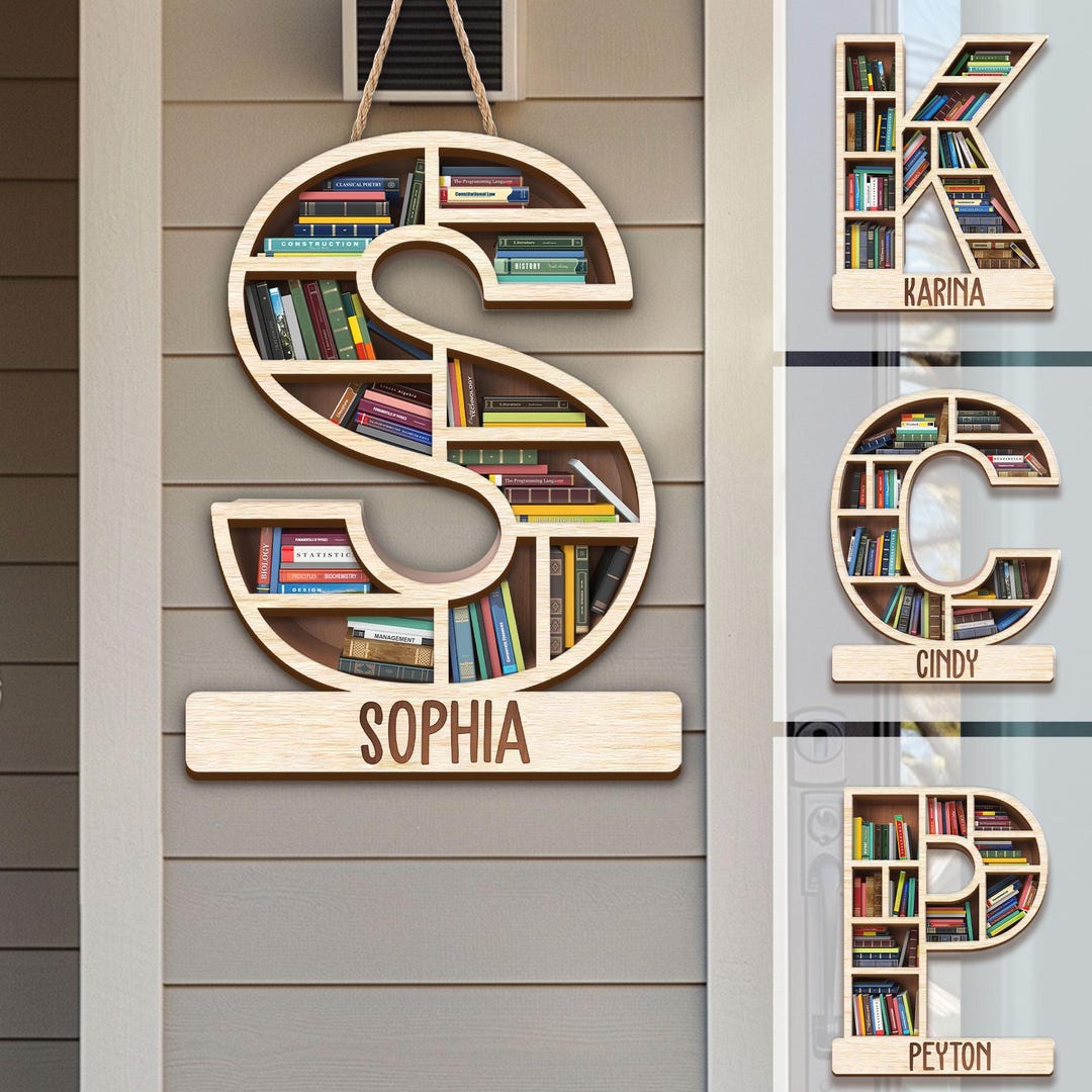 Personalized Book Door Sign, Custom Bookshelf Alphabet Wooden Sign ...