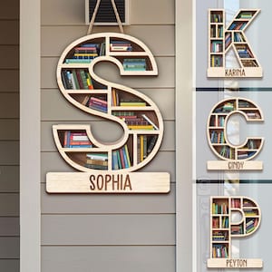 Personalized Book Door Sign, Custom Bookshelf Alphabet Wooden Sign ...