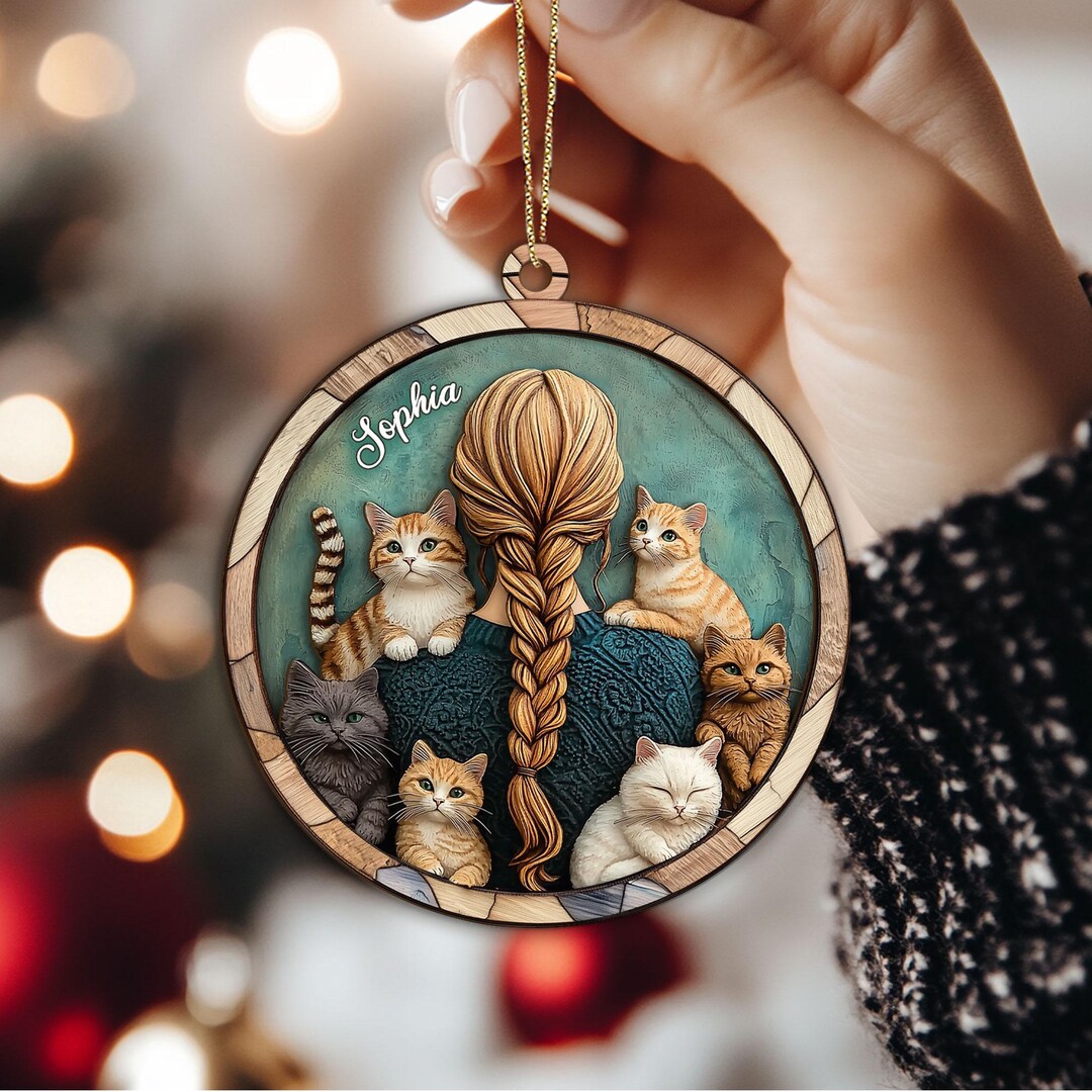 Personalized Cat Layered Wood Ornament, Custom Girl With Cats Christmas ...