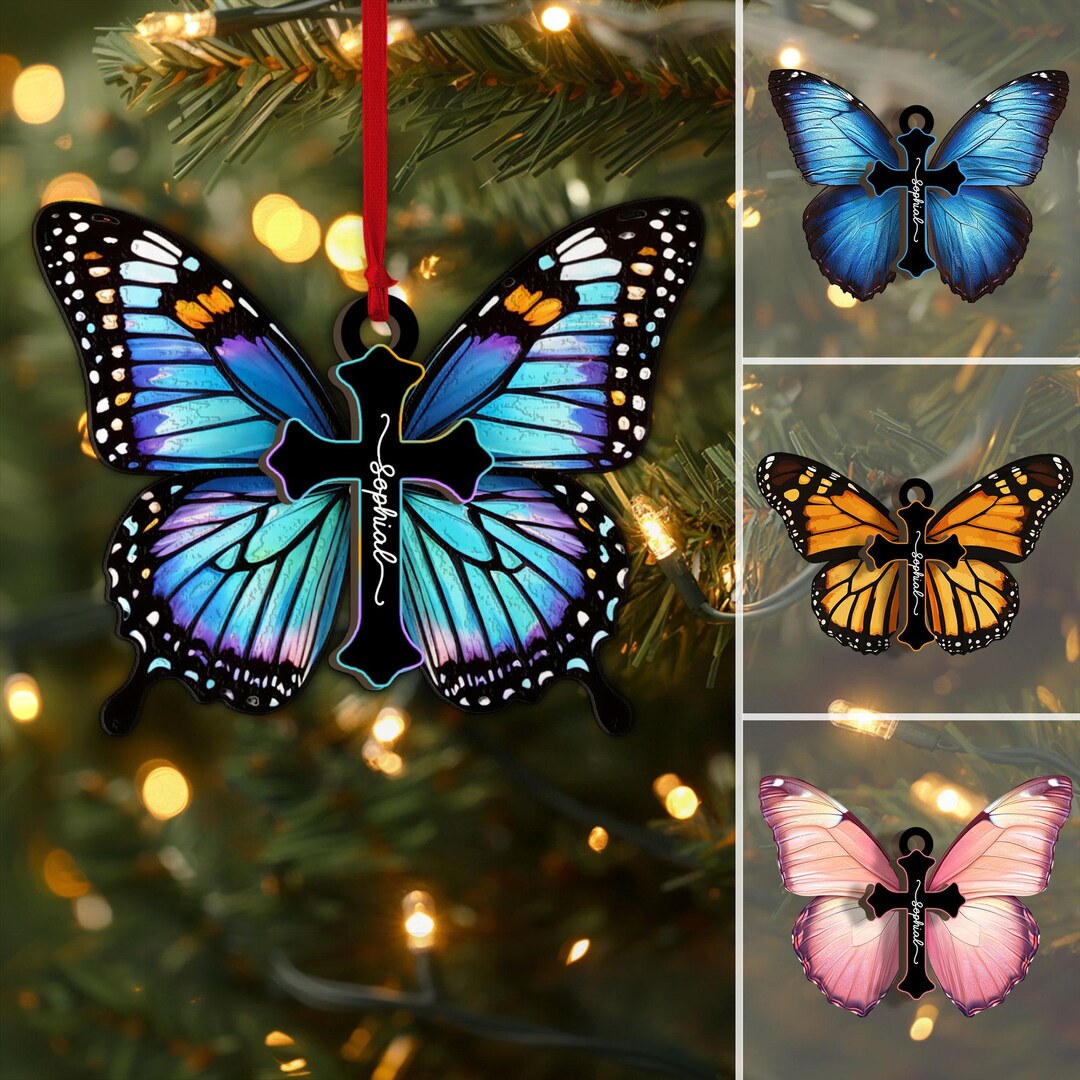 Personalized Butterfly Jesus Cross Layered Wood Ornament, Custom ...