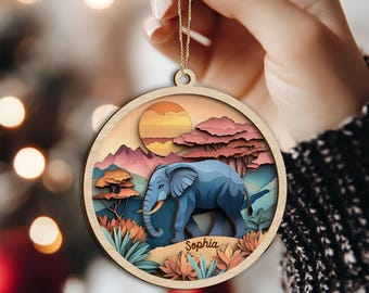 Personalized Elephant Layered Wood Ornament, Custom Elephant Christmas ...