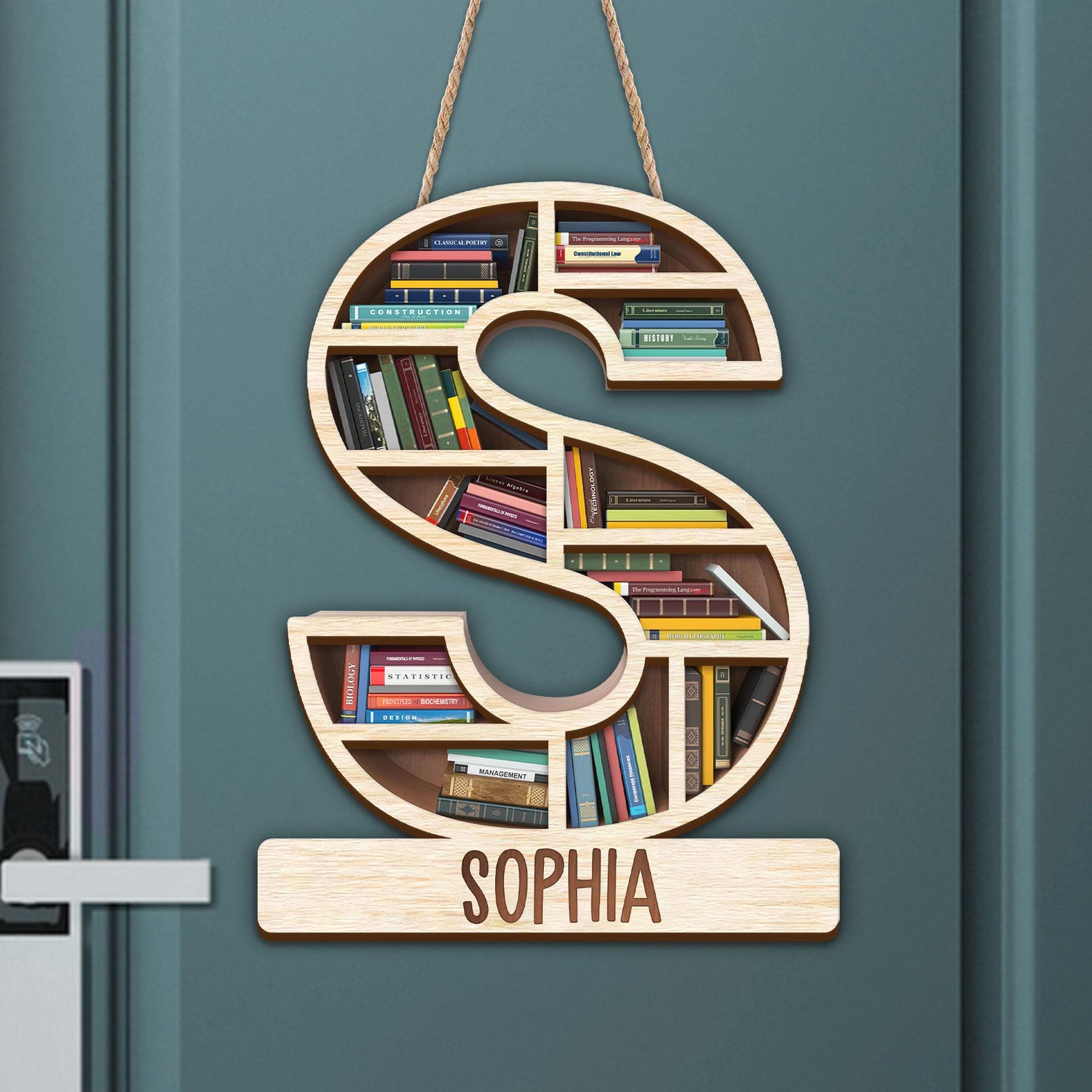 Personalized Book Door Sign, Custom Bookshelf Alphabet Wooden Sign ...