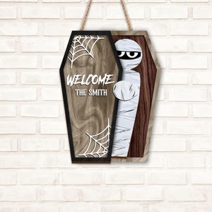 Personalized Halloween Wood Sign, Halloween Mummy Door Hanger, Custom ...