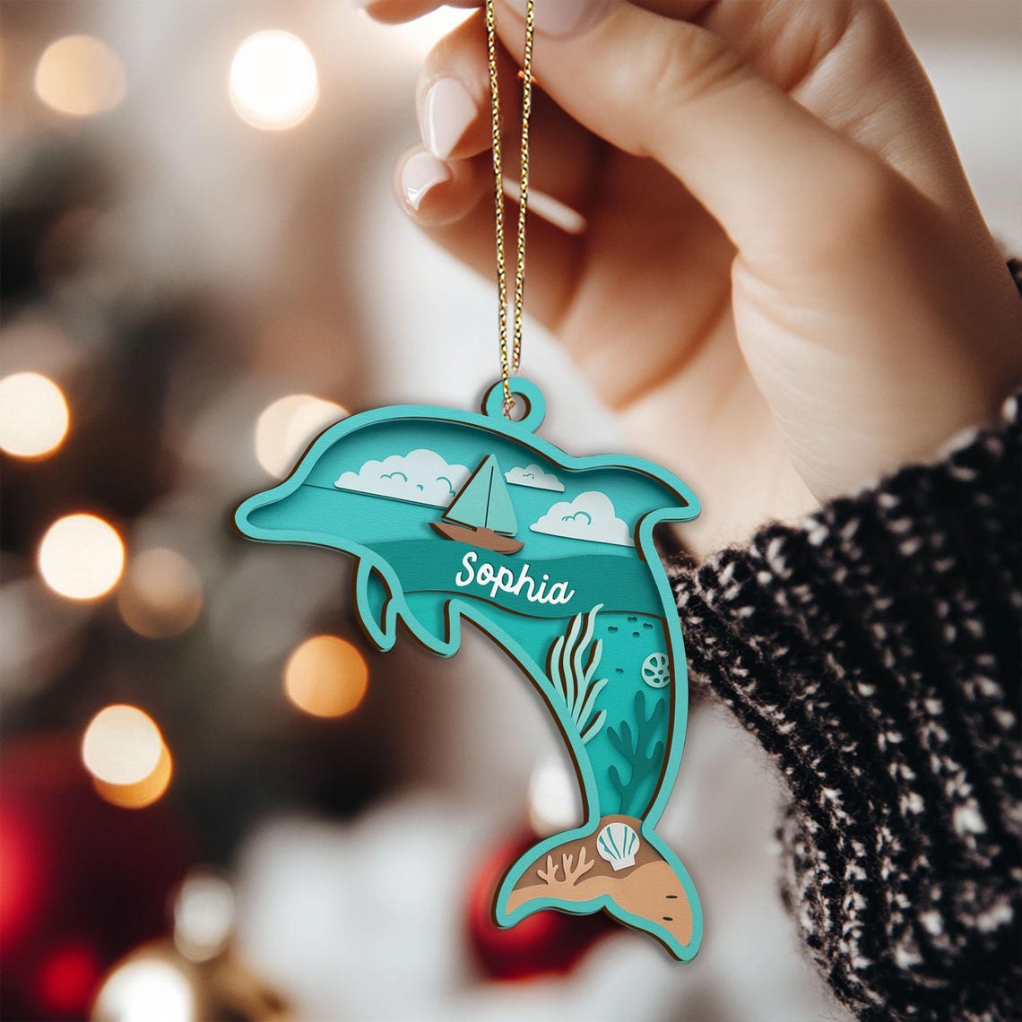 Personalized Dolphin Layered Wood Ornament, Custom Ocean Christmas Tree ...