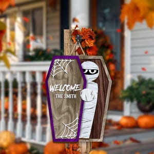 Personalized Halloween Wood Sign, Halloween Mummy Door Hanger, Custom ...