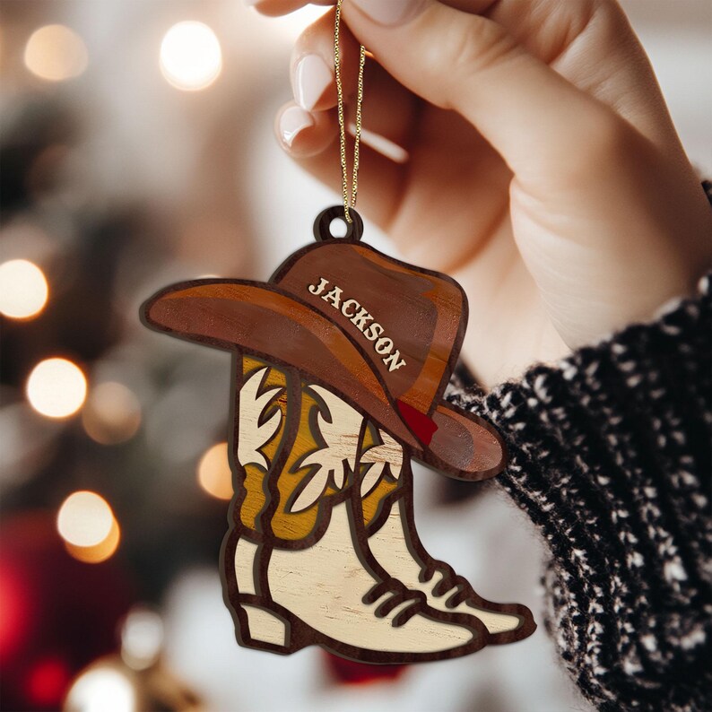 Personalized Cowboy Layered Wood Ornament, Custom Cowboy Boot Christmas ...