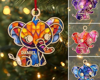 Personalized Elephant Layered Wood Ornament, Custom Elephant Christmas ...