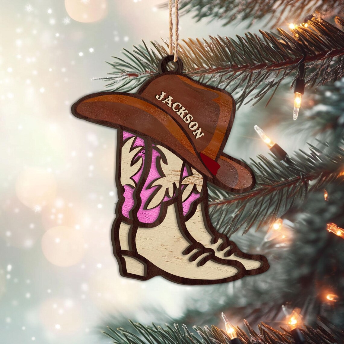 Personalized Cowboy Layered Wood Ornament, Custom Cowboy Boot Christmas ...
