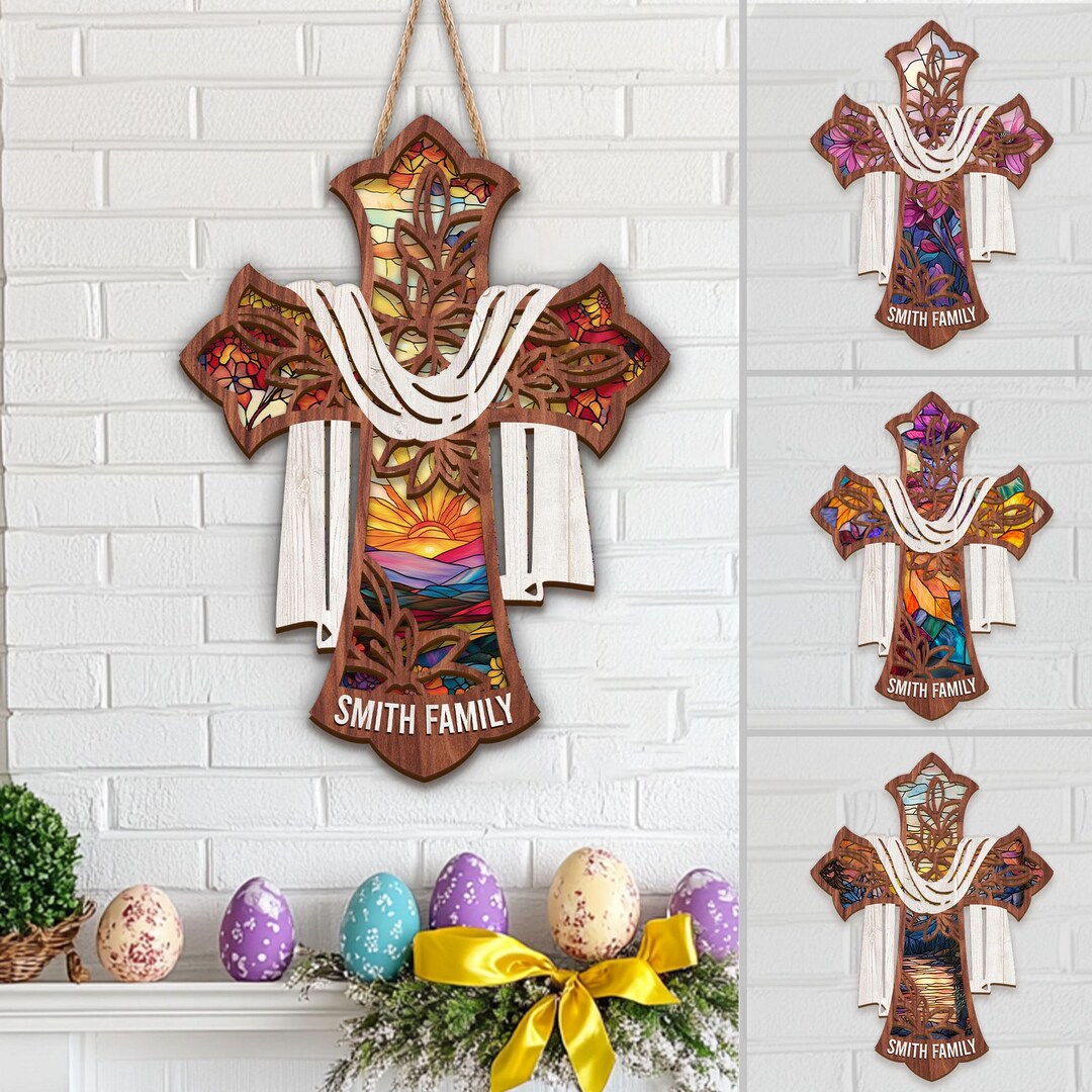 Personalized Easter Door Sign, Custom Family Name Wooden Sign, He is ...