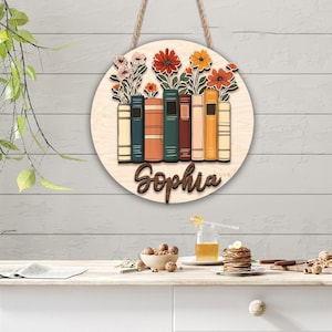 Personalized Book Door Sign, Custom Name Bookshelf Wooden Sign, Book ...