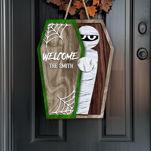 Personalized Halloween Wood Sign, Halloween Mummy Door Hanger, Custom ...