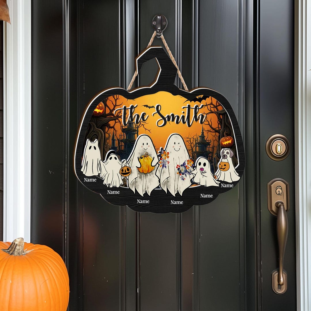 Personalized Halloween Family Wood Sign, Custom Name Door Hanger, Ghost ...