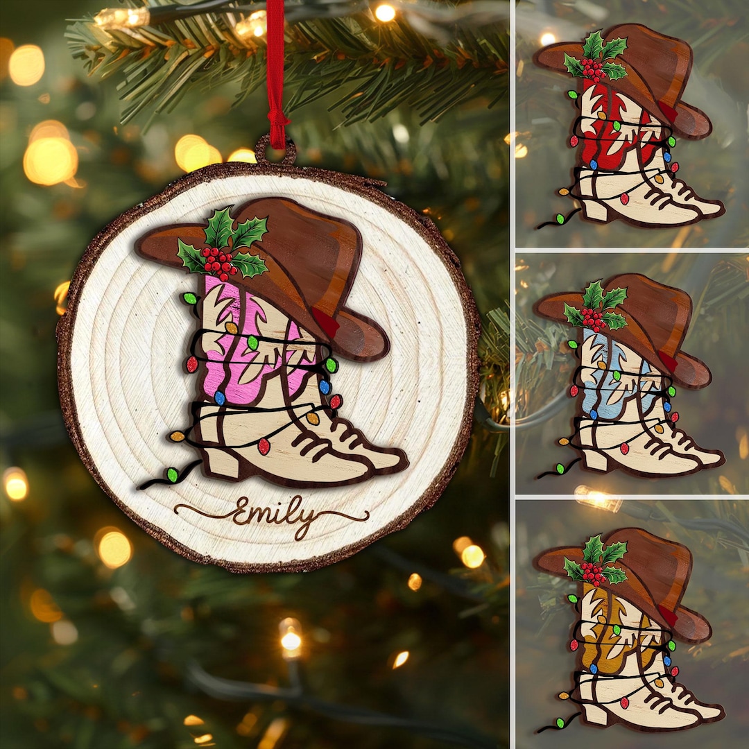 Personalized Cowboy Layered Wood Ornament, Custom Cowboy Boot Christmas ...