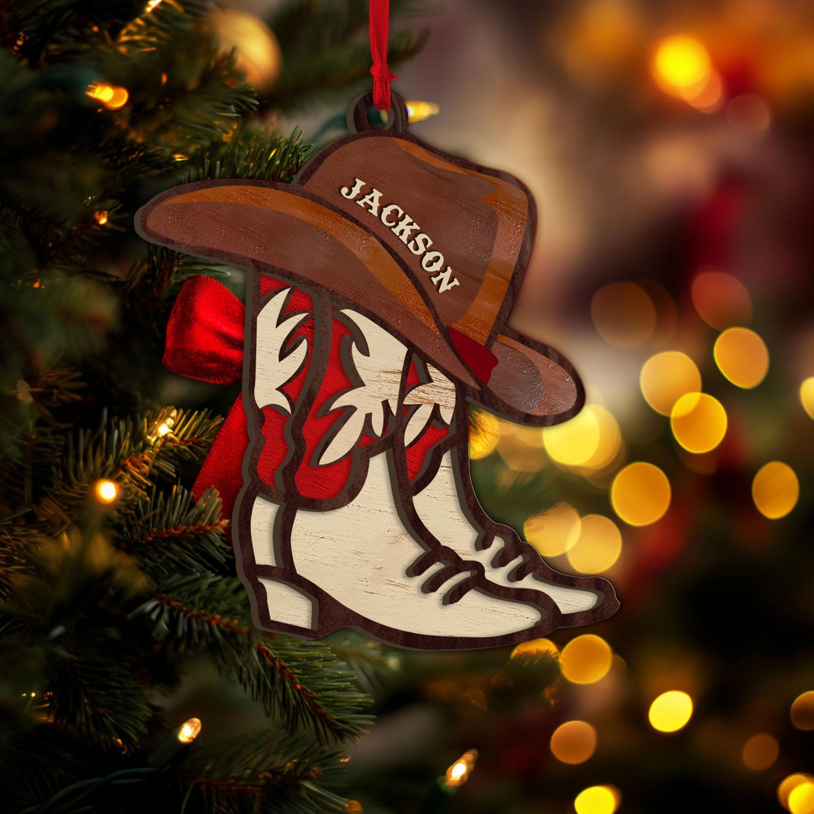Personalized Cowboy Layered Wood Ornament, Custom Cowboy Boot Christmas ...