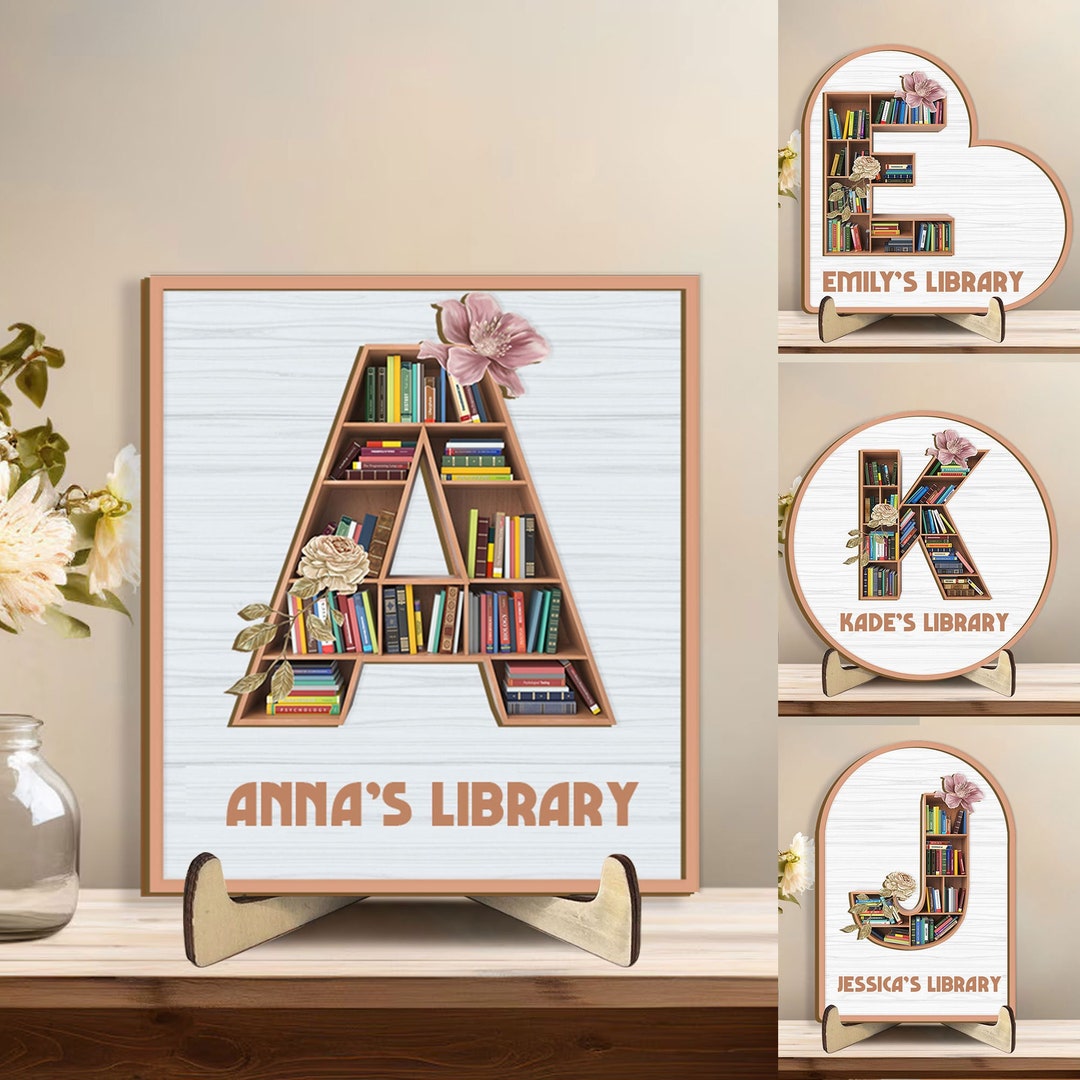 Personalized Bookshelf Alphabet Wooden Plaque, Custom Initial Letter ...