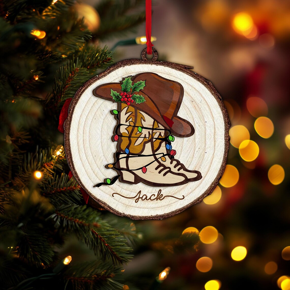 Personalized Cowboy Layered Wood Ornament, Custom Cowboy Boot Christmas ...