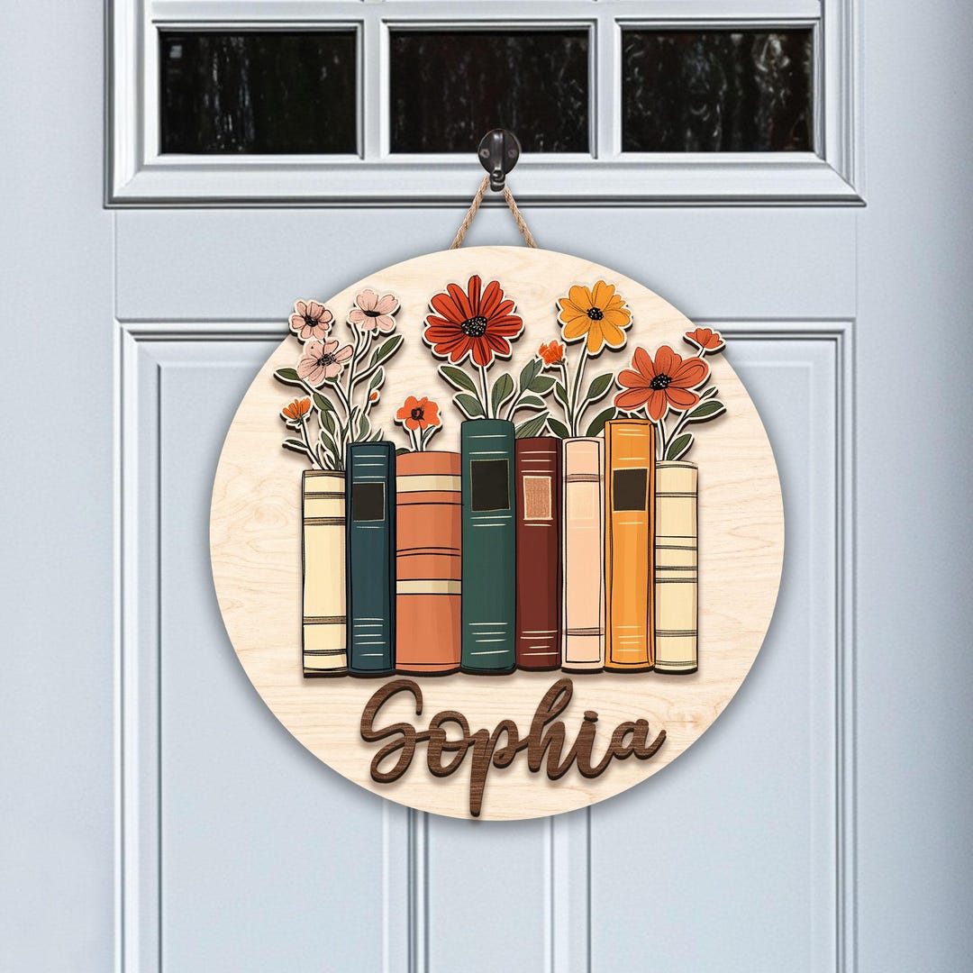 Personalized Book Door Sign, Custom Name Bookshelf Wooden Sign, Book ...