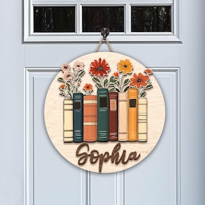 Personalized Book Door Sign, Custom Name Bookshelf Wooden Sign, Book ...