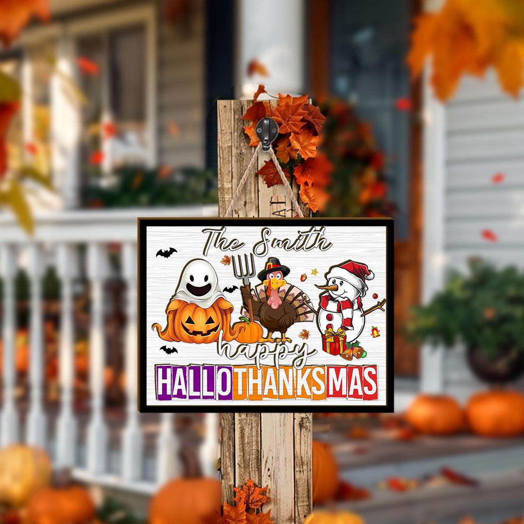Personalized Halloween Wood Sign, Custom Family Name Door Hanger, Happy ...