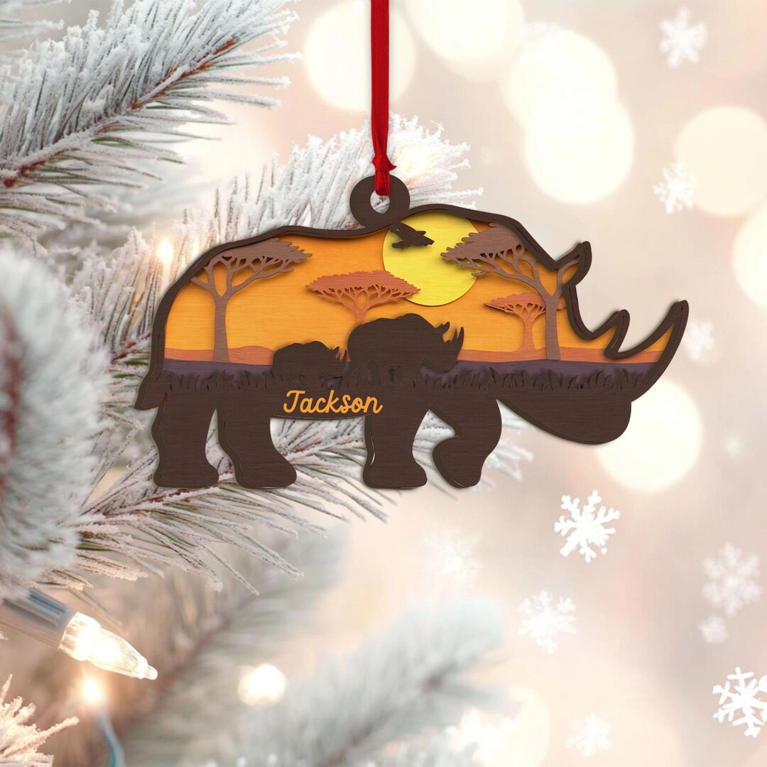Personalized Rhino Layered Wood Ornament, Custom Name Rhino Christmas ...