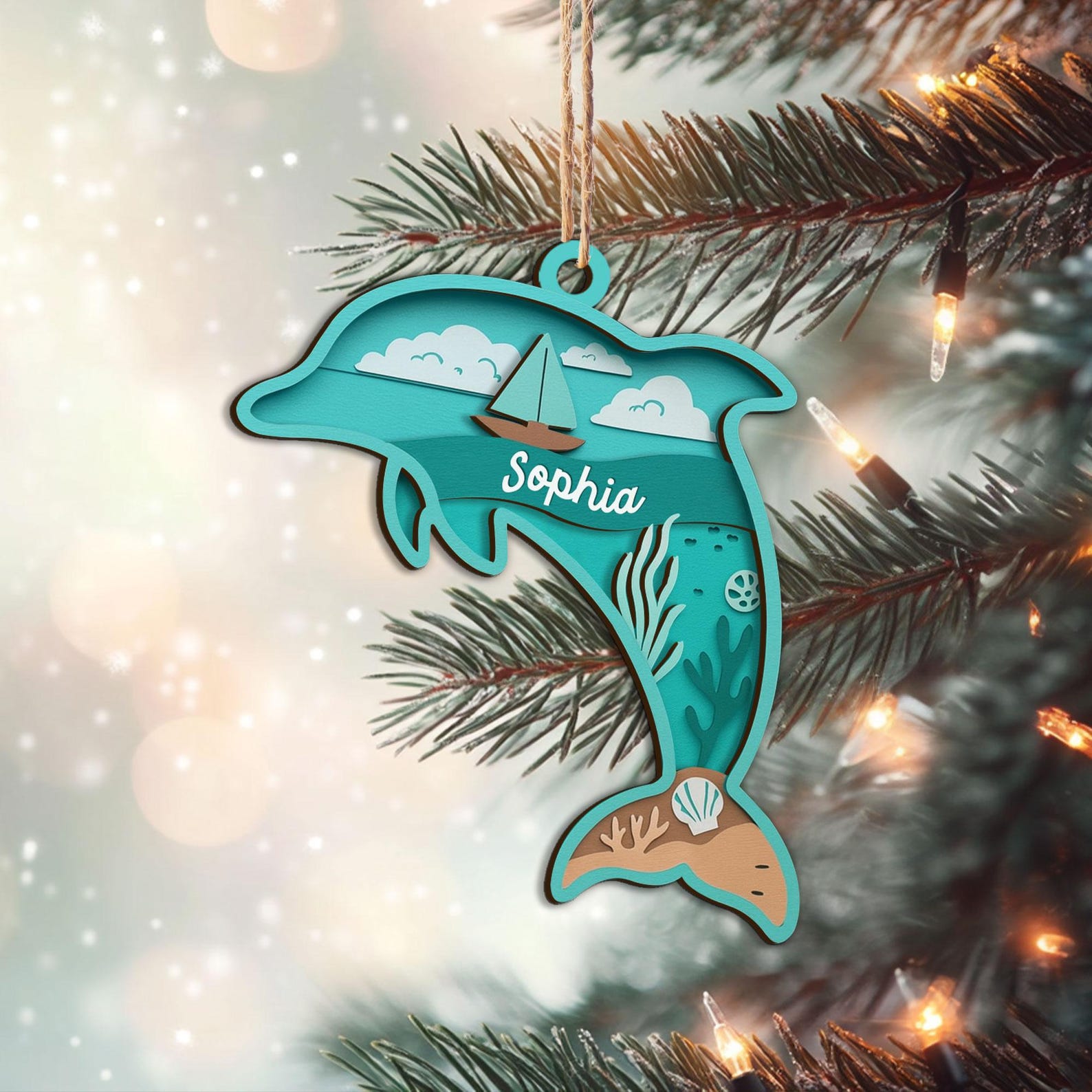 Personalized Dolphin Layered Wood Ornament, Custom Ocean Christmas Tree ...