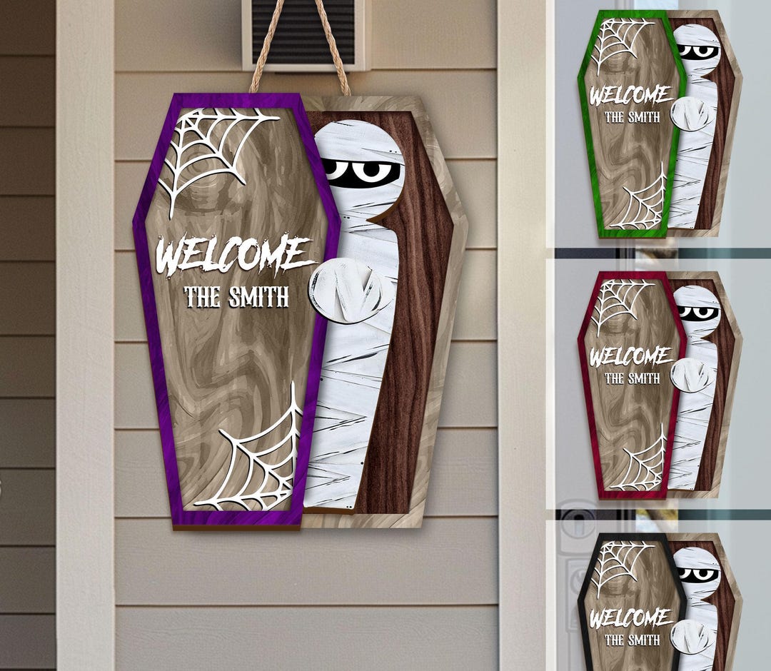 Personalized Halloween Wood Sign, Halloween Mummy Door Hanger, Custom ...