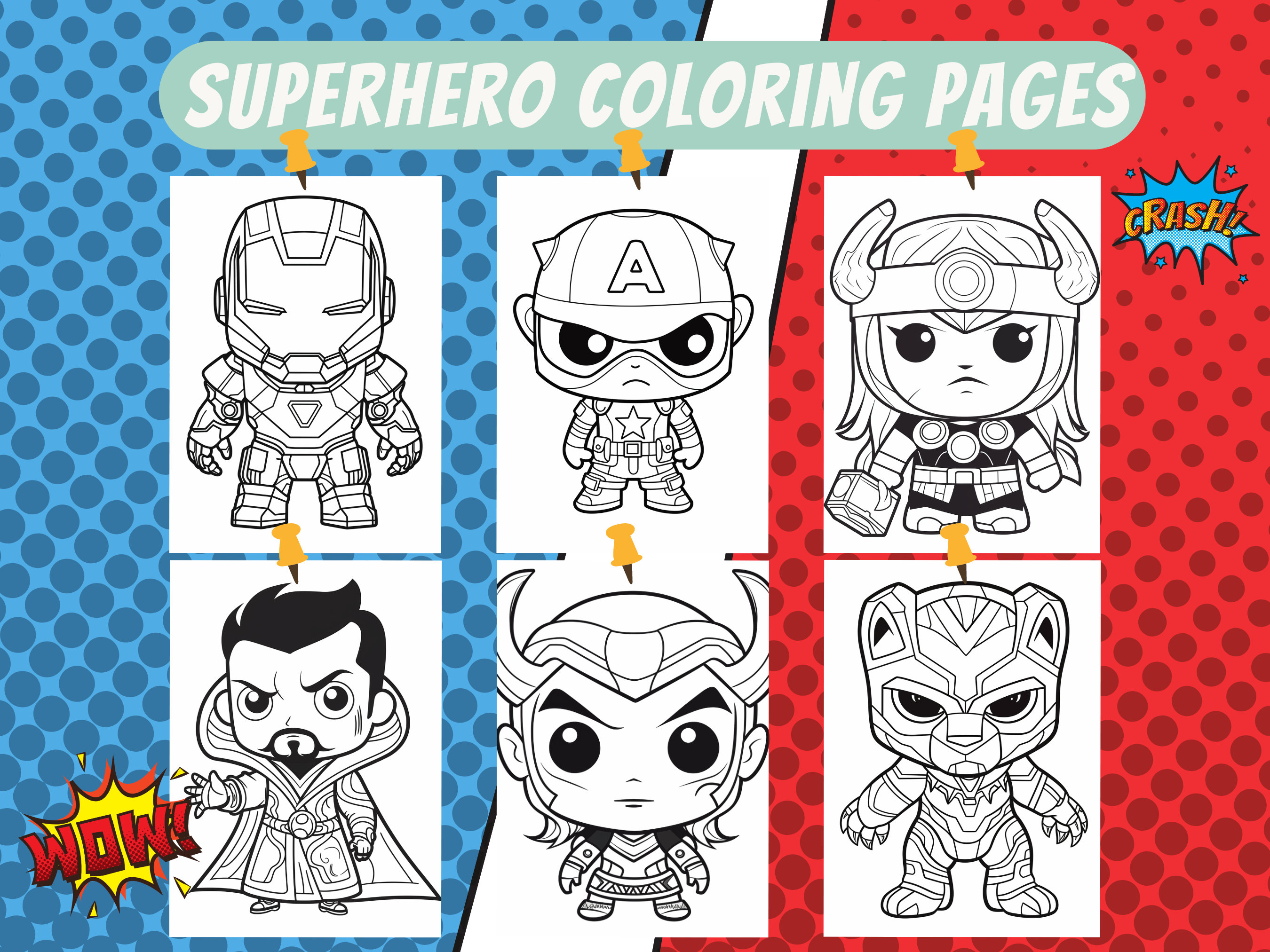 Superhero Kawaii Coloring Pages for Kids, Printable Pages, Coloring ...
