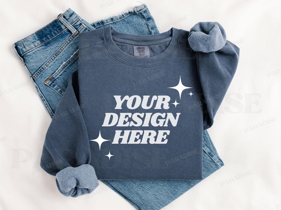 Comfort Colors 1566 Denim Mockup, Folded Flat Lay Blue Sweatshirt Mock ...