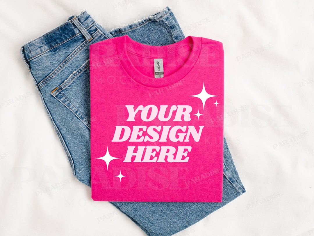 Gildan 5000 Heliconia T-shirt Mockup, Folded Pink Flatlay Tee Shirt ...