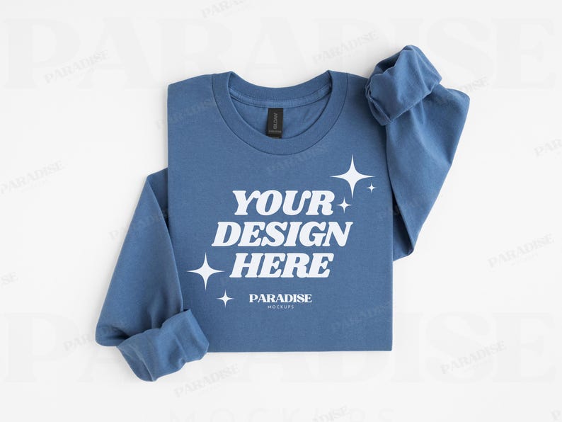 Gildan 2400 Indigo Long Sleeve Mockup, Folded Flat Lay Blue T-shirt ...