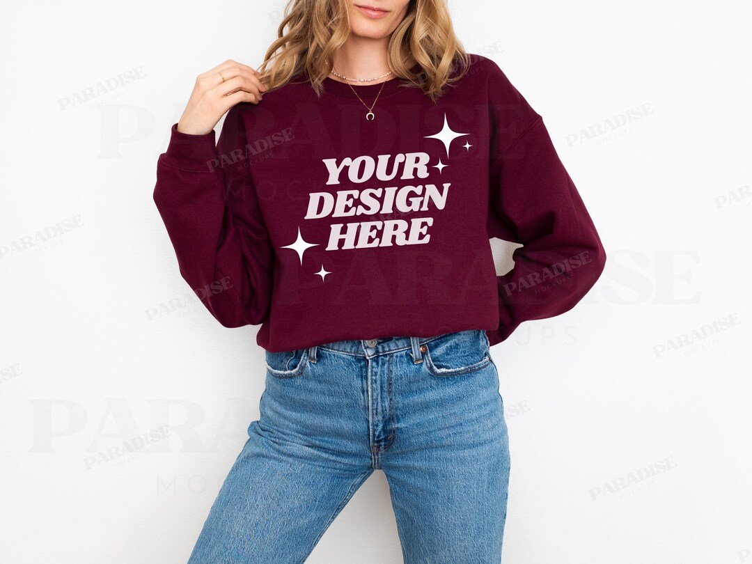 Gildan 18000 Maroon Mockup, Model Crewneck Sweatshirt Mockups, Simple ...