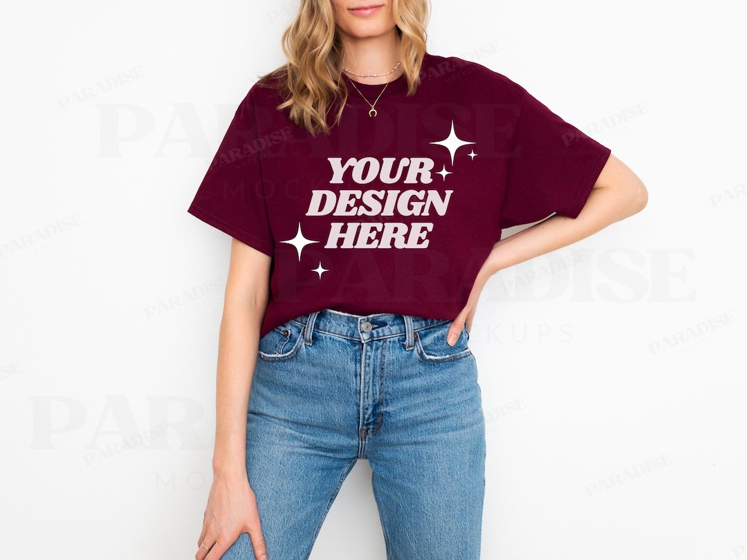Gildan 5000 Maroon Mockup, Model T-shirt Mockups, Oversized Dark Red ...