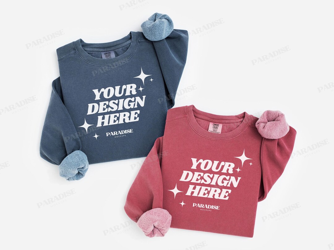 Comfort Colors 1566 Denim & Crimson Sweatshirt Mockup, Folded Group ...