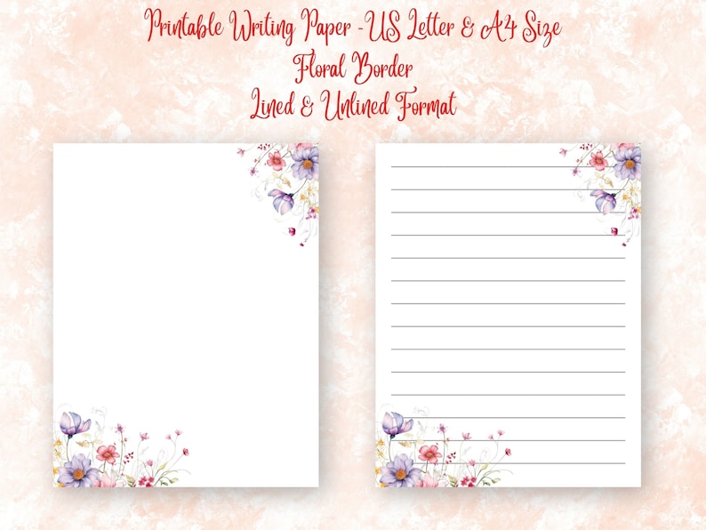 Floral Border Writing Paper: Lined & Unlined (digital Download) - Etsy