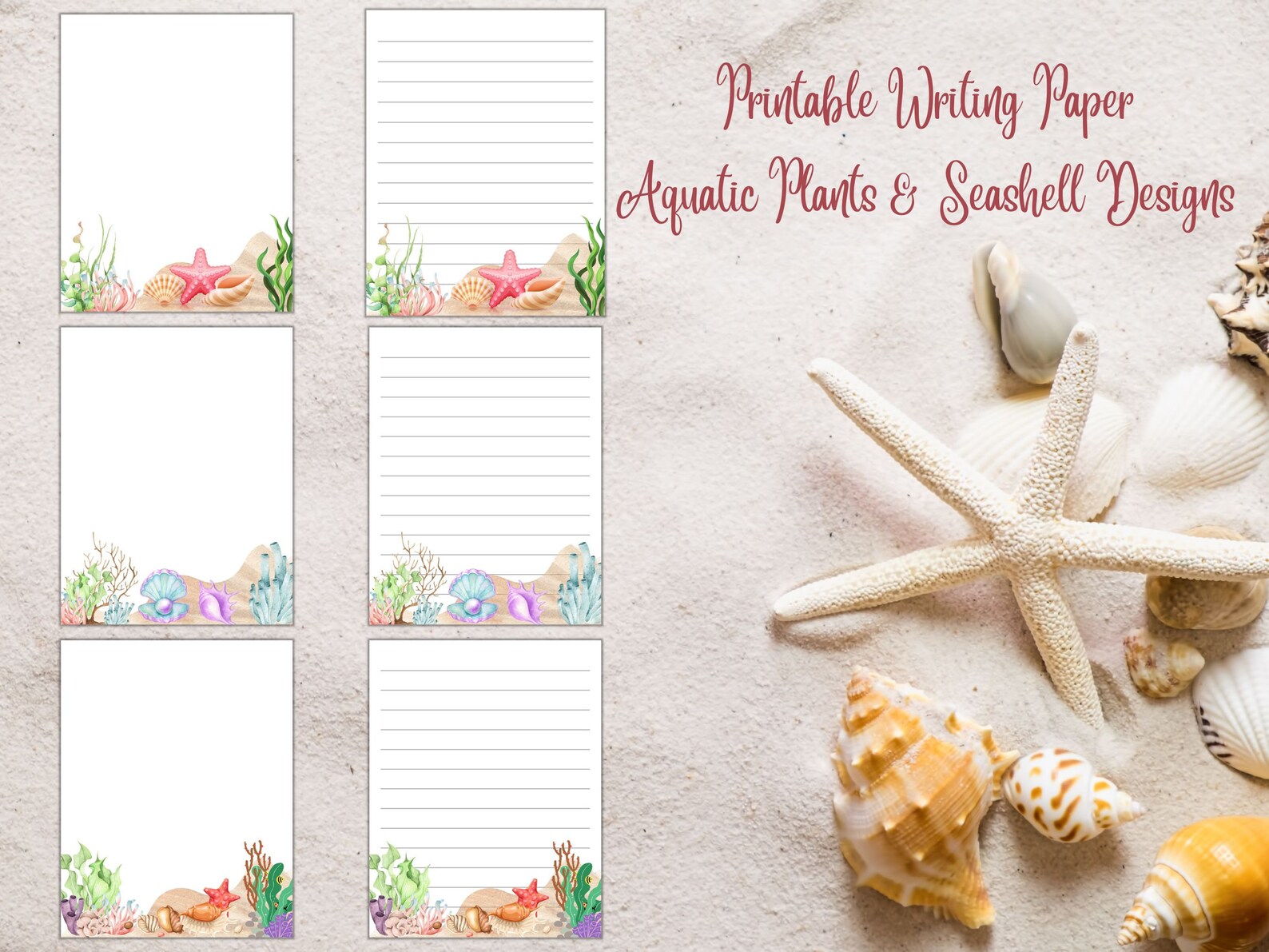 Printable Writing Paper Aquatic Plants & Seashells Design - Etsy