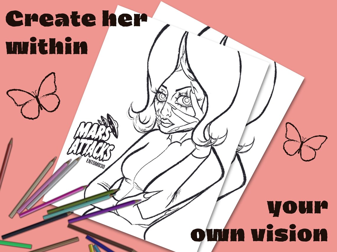 Mars Attacks Coloring Page martian Girl Original Entomb3d Art - Etsy