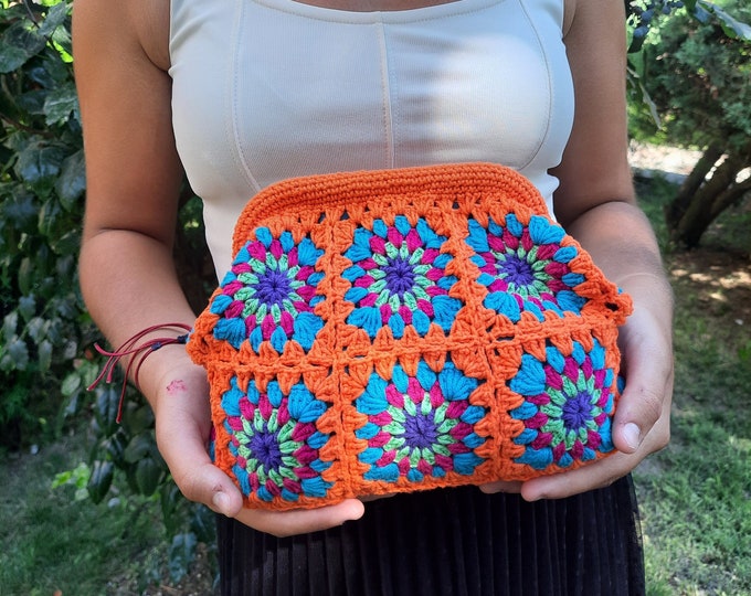 Orange Granny Square Crochet Clasp Clutch - Etsy
