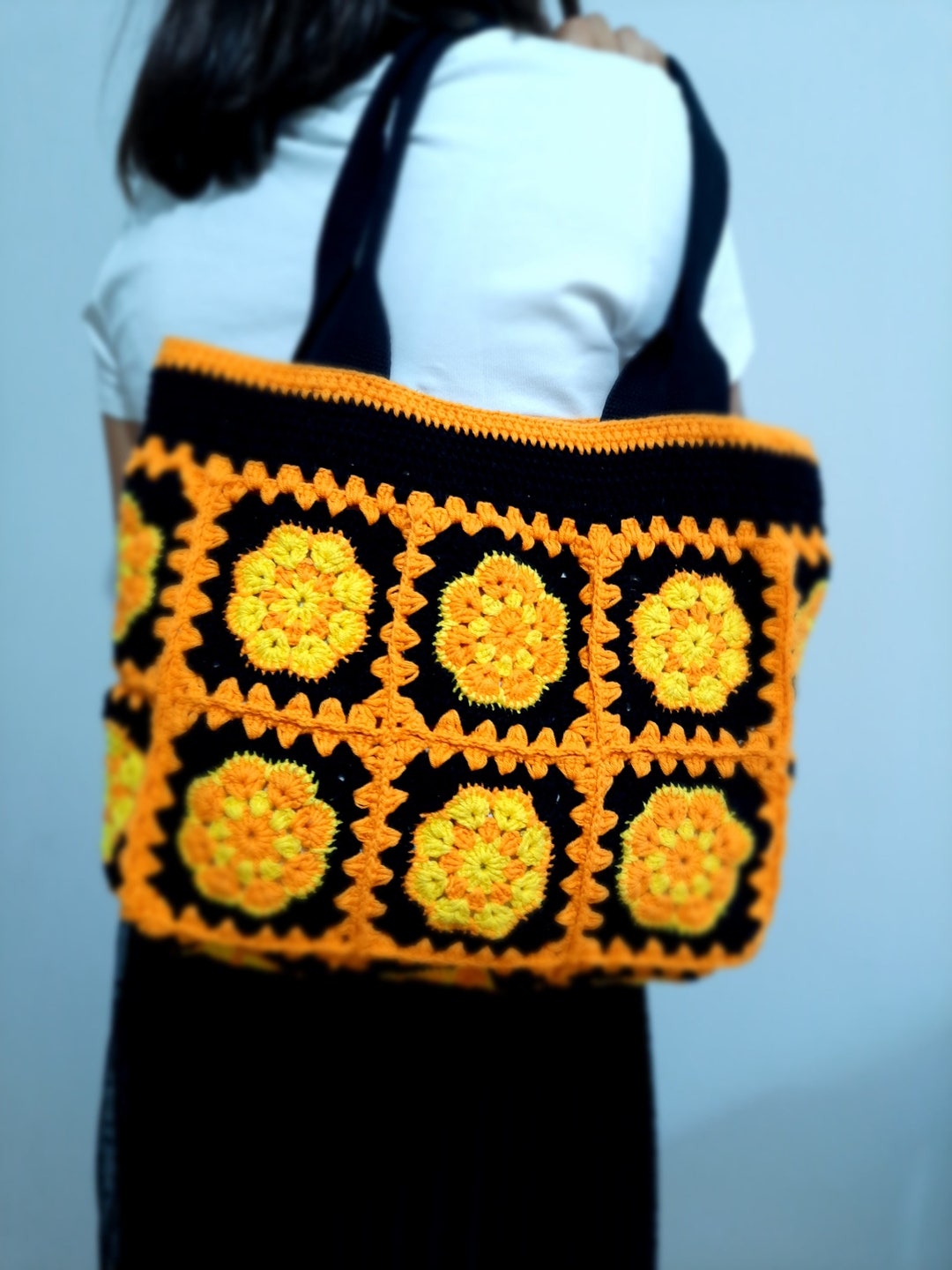 Orange Crochet Granny Square Shoulder Bag for the Beach or as a Chic ...