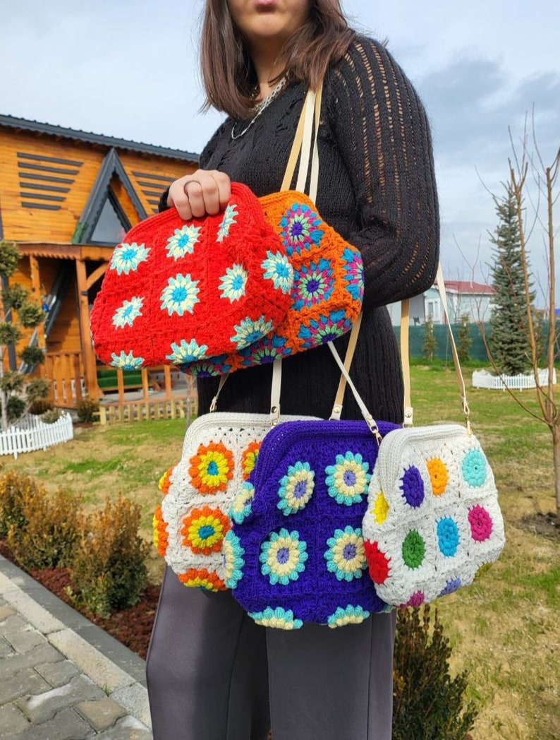 Coral Granny Square Crochet Clasp Clutch,tote Bag, Sunflower Crochet ...