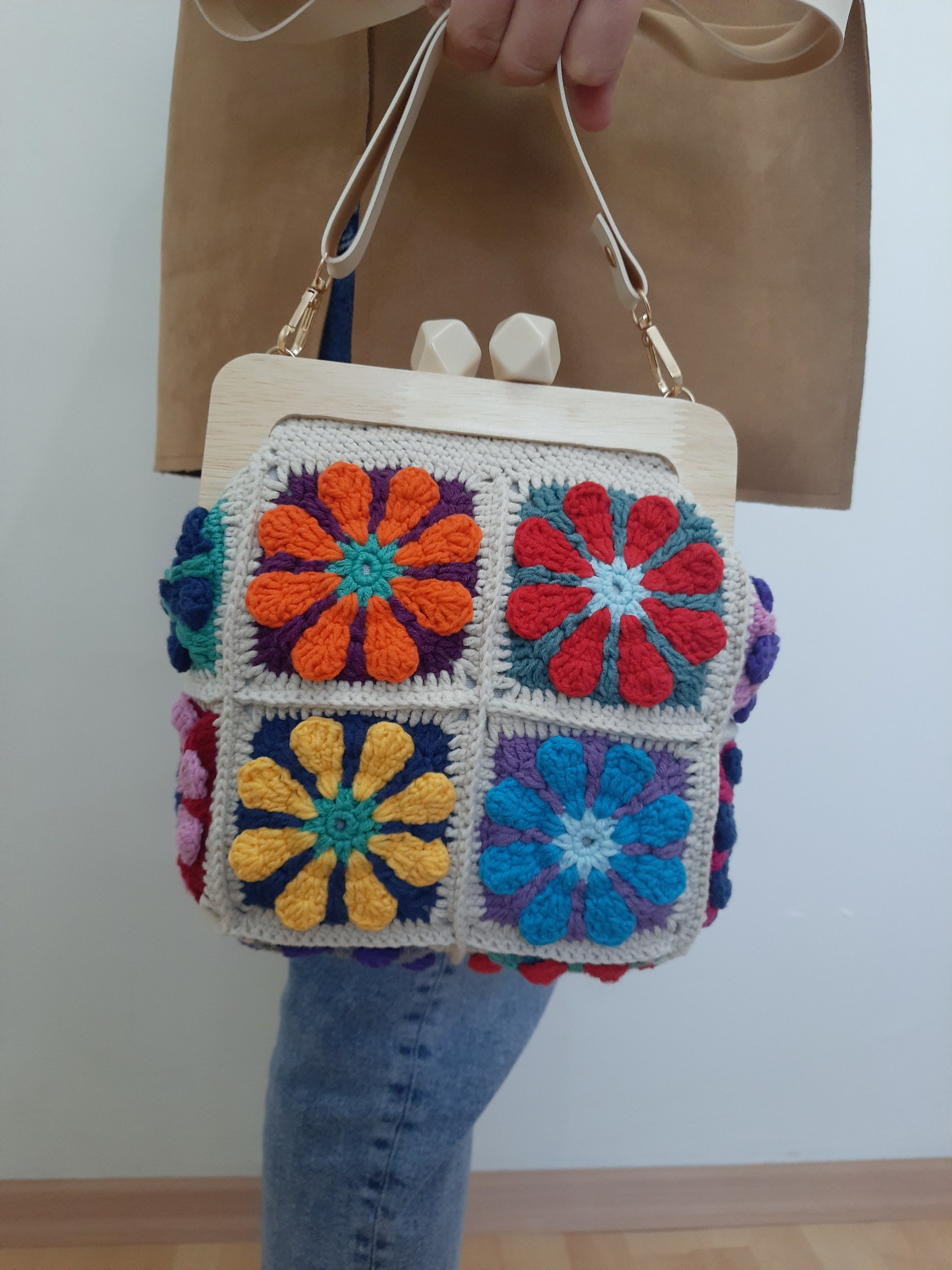 Granny Square Crochet Clasp Clutch,afghan Bag, Homemade Retro Bag ...