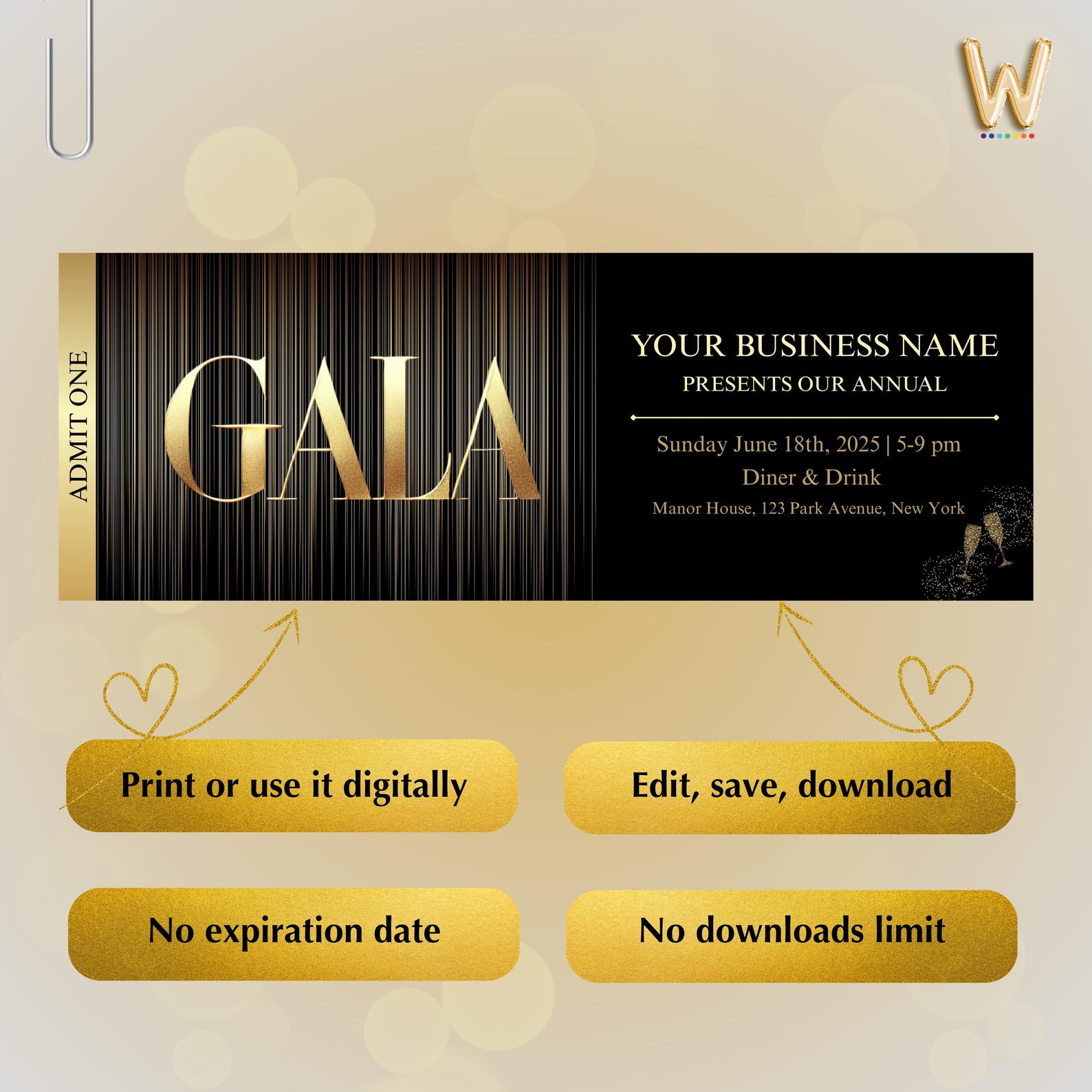 Golden Gala Ticket Template: Black and Gold Event Invitation (digital ...