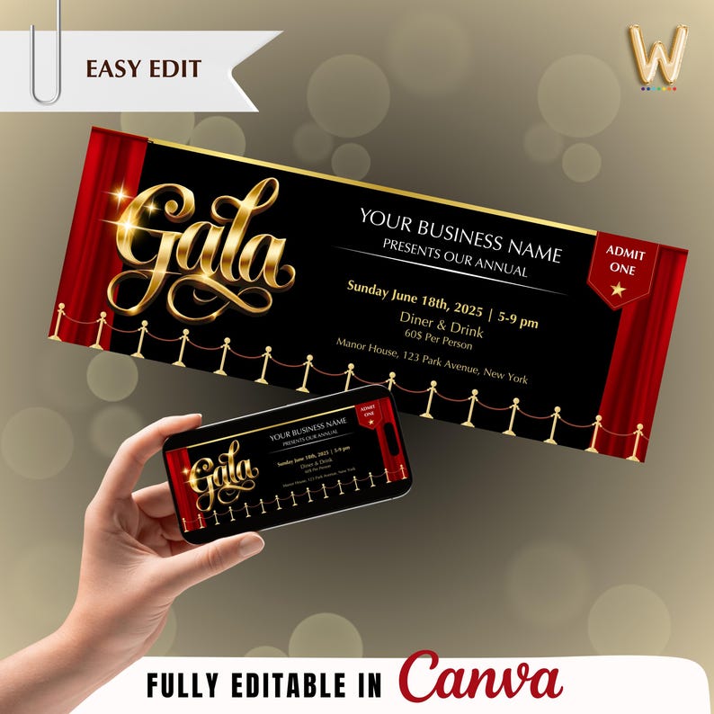 Golden Gala Ticket Template: Black and Gold Event Invitation (digital ...