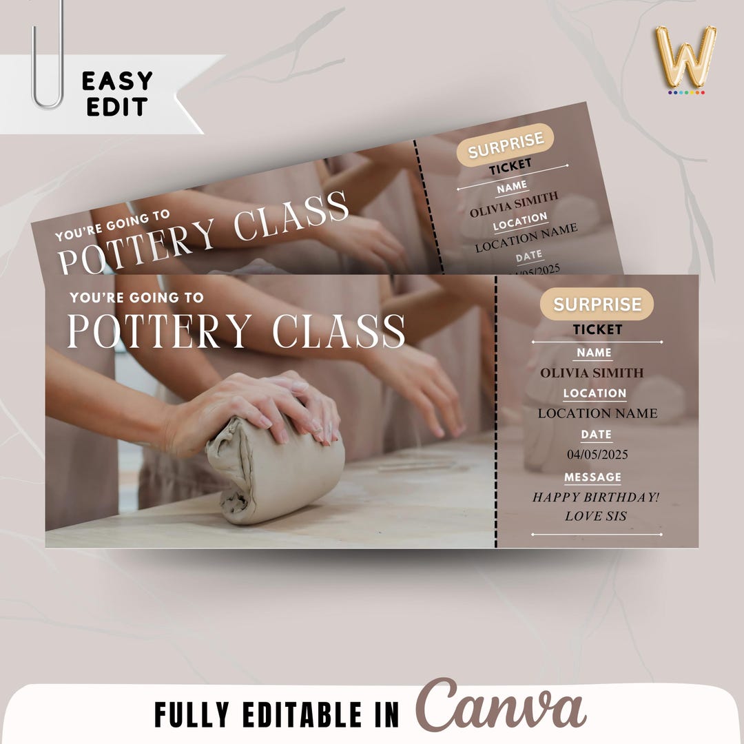 Pottery Class Ticket Template: Surprise Gift Voucher (canva Editable ...
