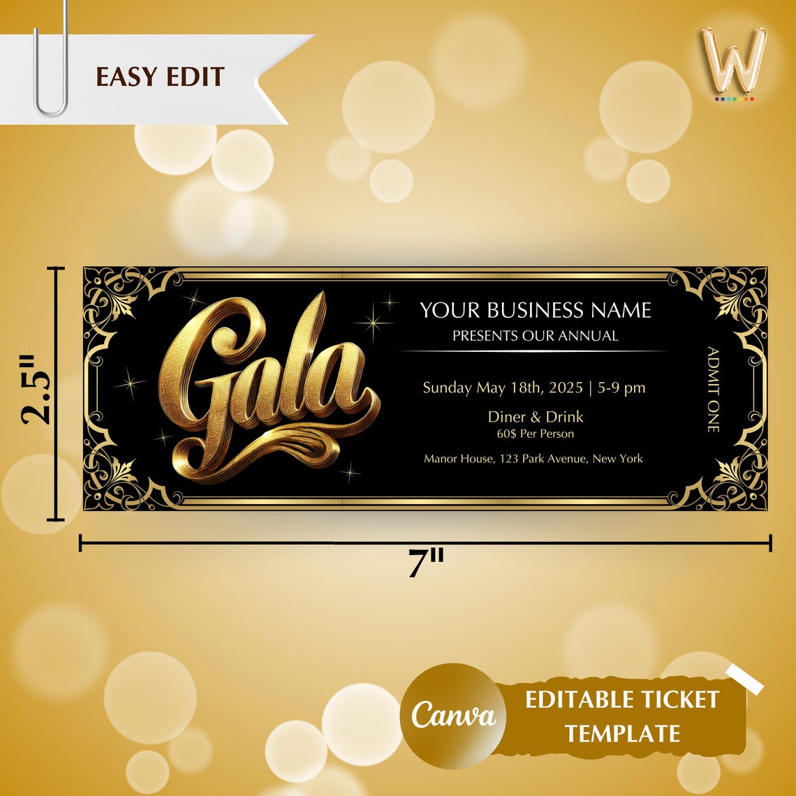 Golden Gala Ticket Template: Black and Gold Event Invitation (digital ...