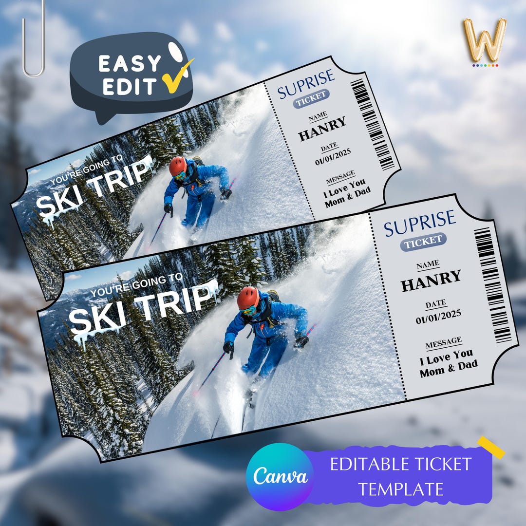 Surprise Ski Trip Ticket Template, Winter Sports Reveal (canva Editable ...